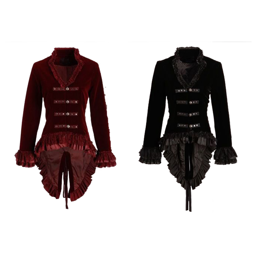Velvet Ruffled Dovetail Coat Women Maroon Gothic Coat