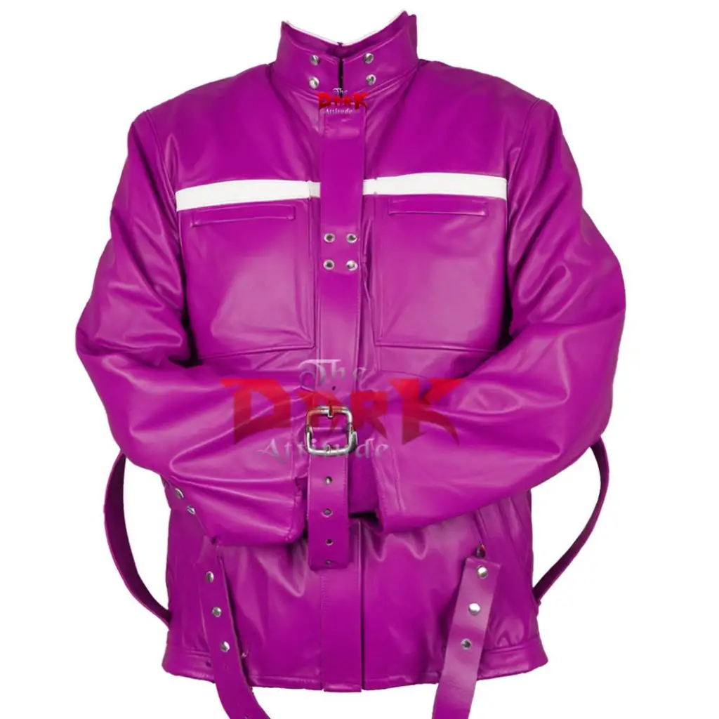 Women's Pink Leather Restraint Jacket with White Stripes
