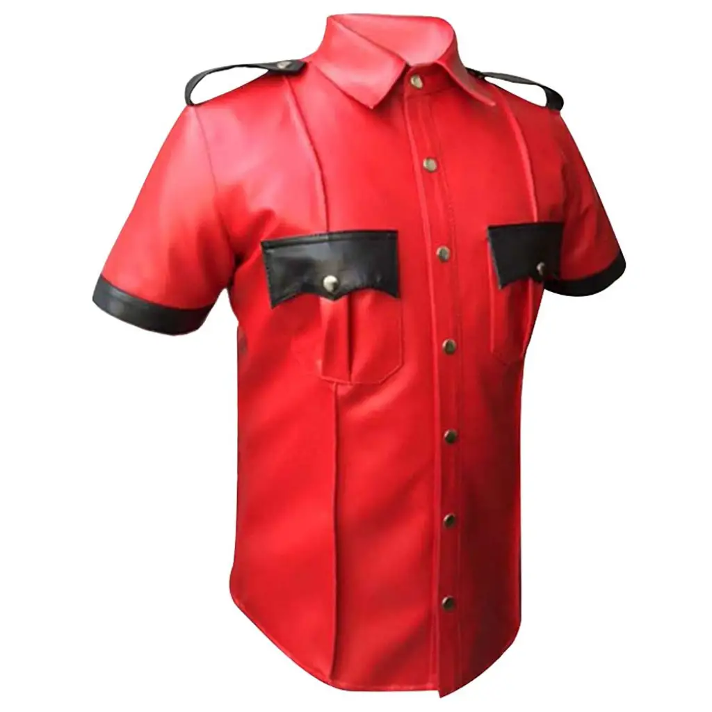 Red Leather Police Officer Shirt | Men's Two-Tone Fetish Top