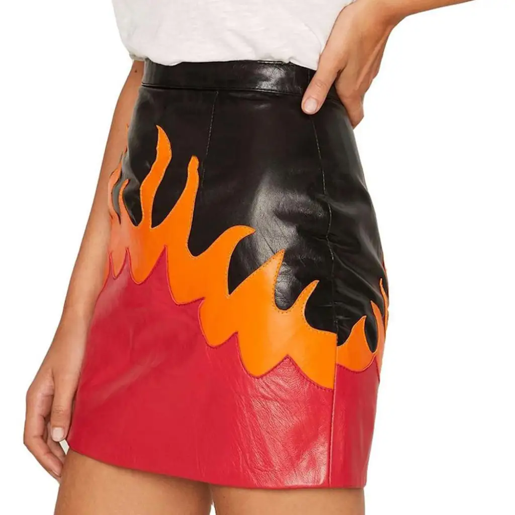 Red Fire Flame Black Leather Mini Skirt - Punk Rock Style