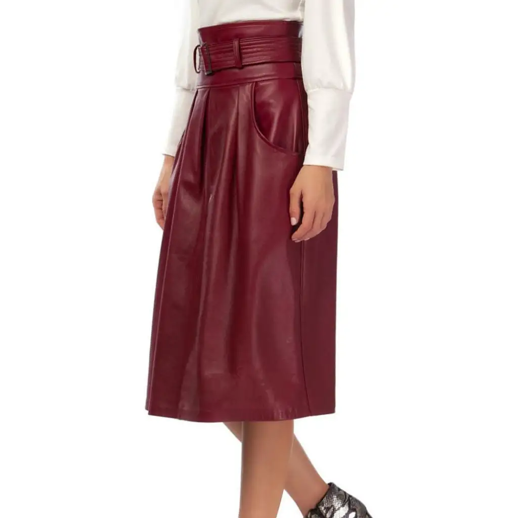 High Waist Cherri Brown Mid Calf Genuine Leather Belted Skirt