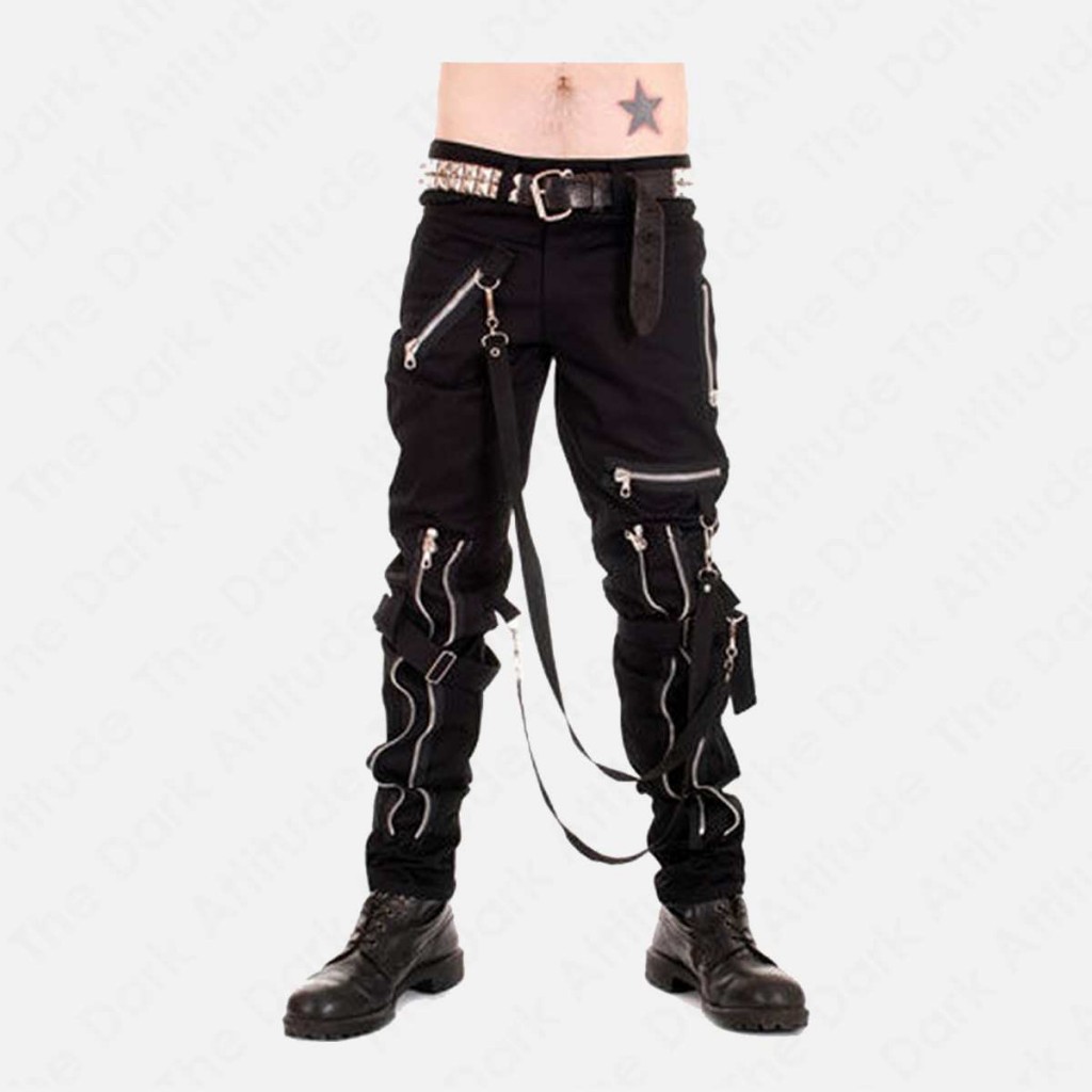 Punk Rock Zipper Pant Gothic Straps Black Cotton Fetish Pant Men