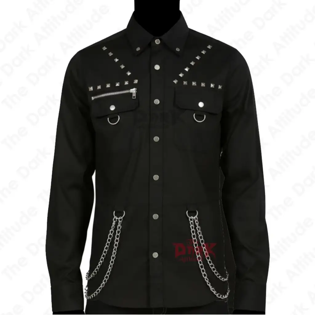 Men's Punk Studded Gothic Chain Shirt | Black Industrial Top