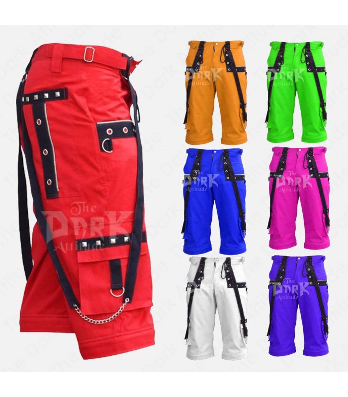 Techno Black Cargo Shorts Men | Gothic Metallic Decorations Studs Shorts