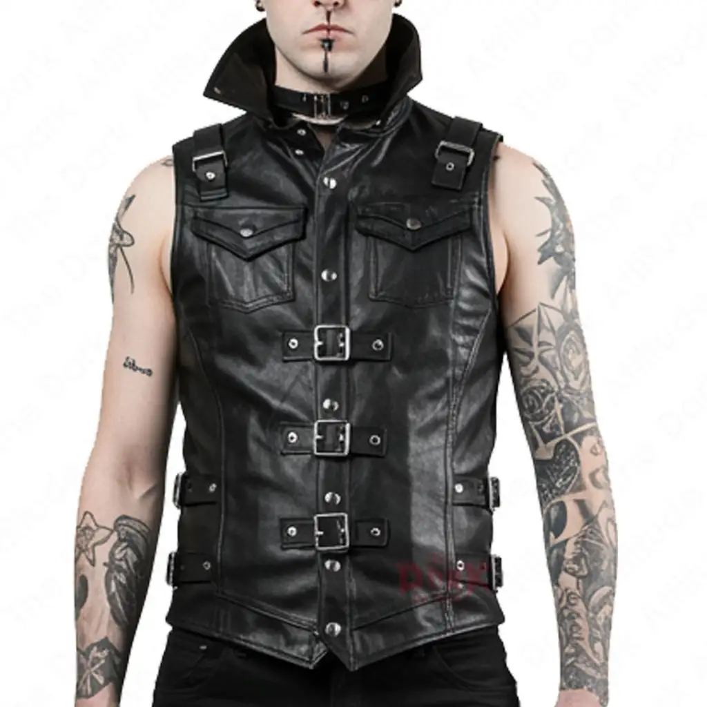 Men's Gothic Punk Leather Vest - Buckle Harness Biker Style
